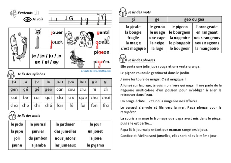 Lecture des Sons "J" et "G" : Mots et Phrases | PDF