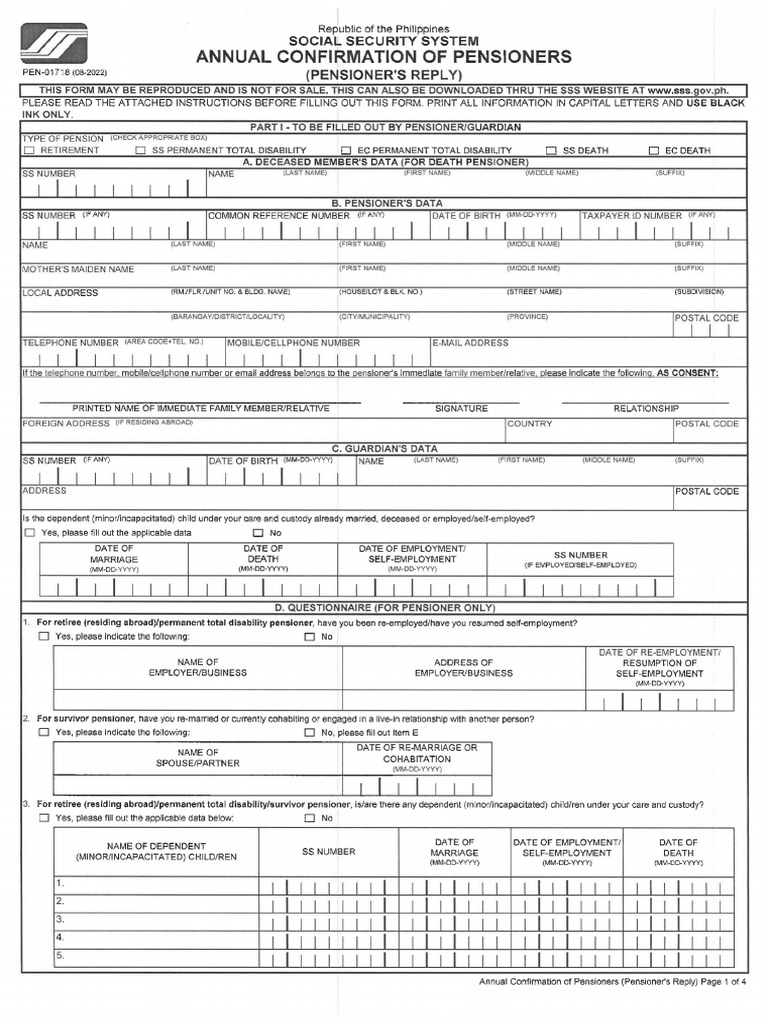 SSS Form (Annual Confirmation of Pensioners ACOP) (Blank) | PDF