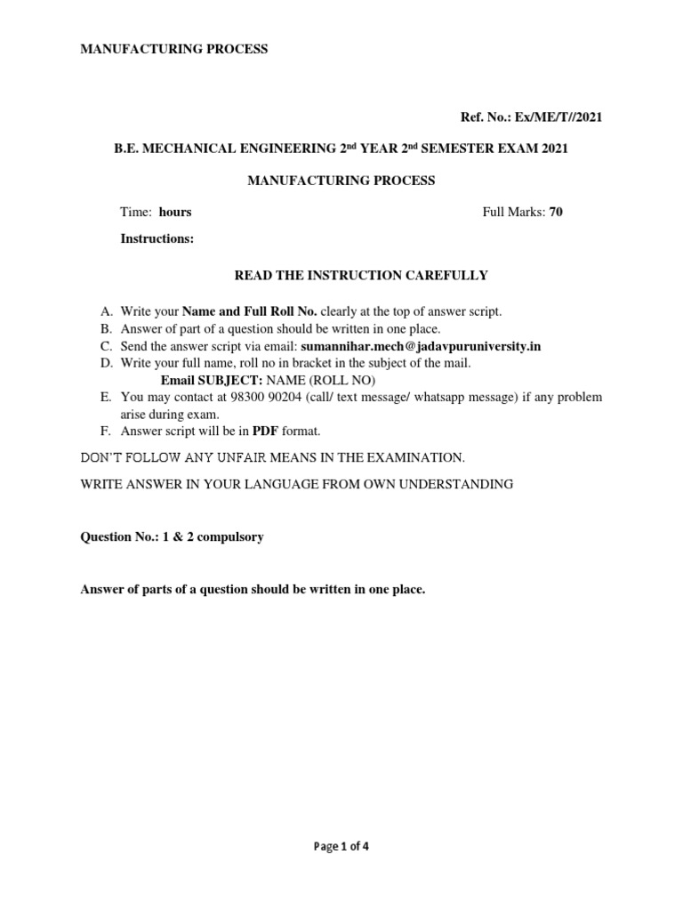 Question of Manufacturing Process | PDF | Technology & Engineering