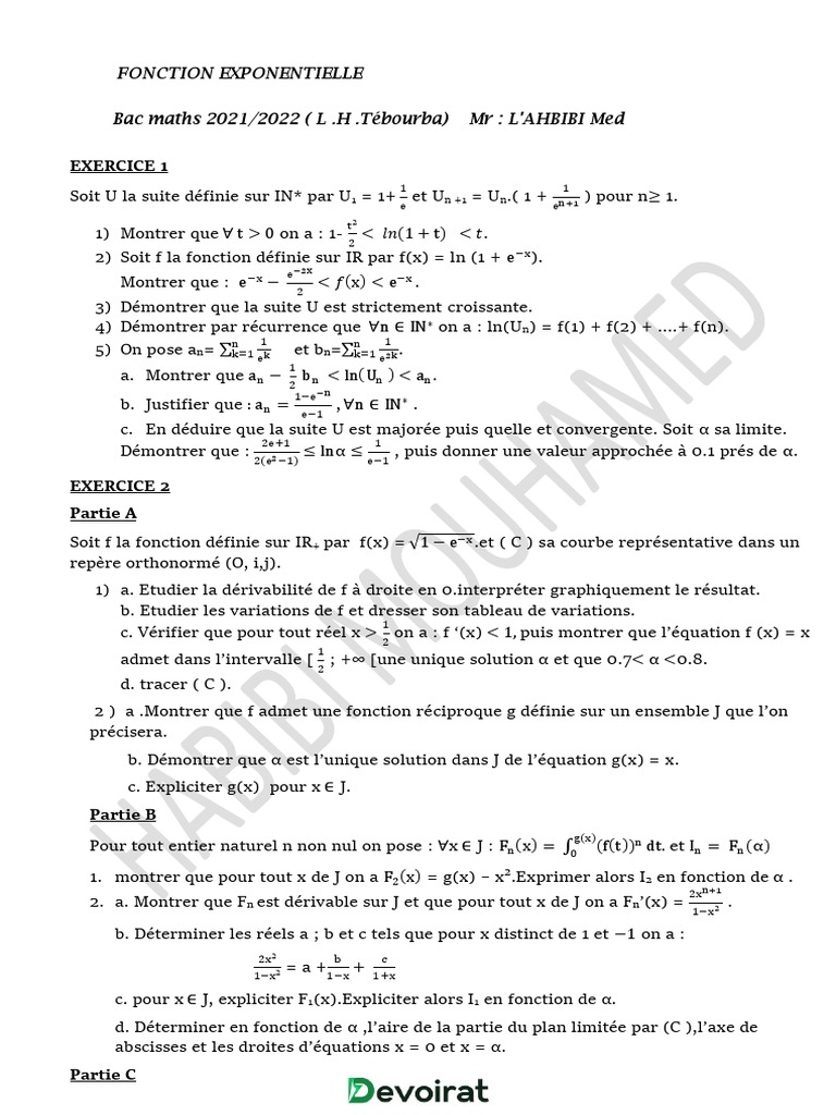 Série D'exercices - Math FONCTION EXPO BAC MATHS - Bac Math (2021-2022 ...
