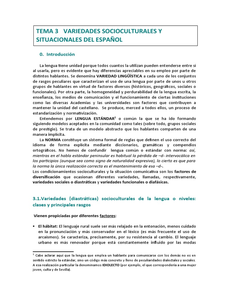 TEMA 3 Variedades Socioculturales y Situacionales Del Español | PDF ...