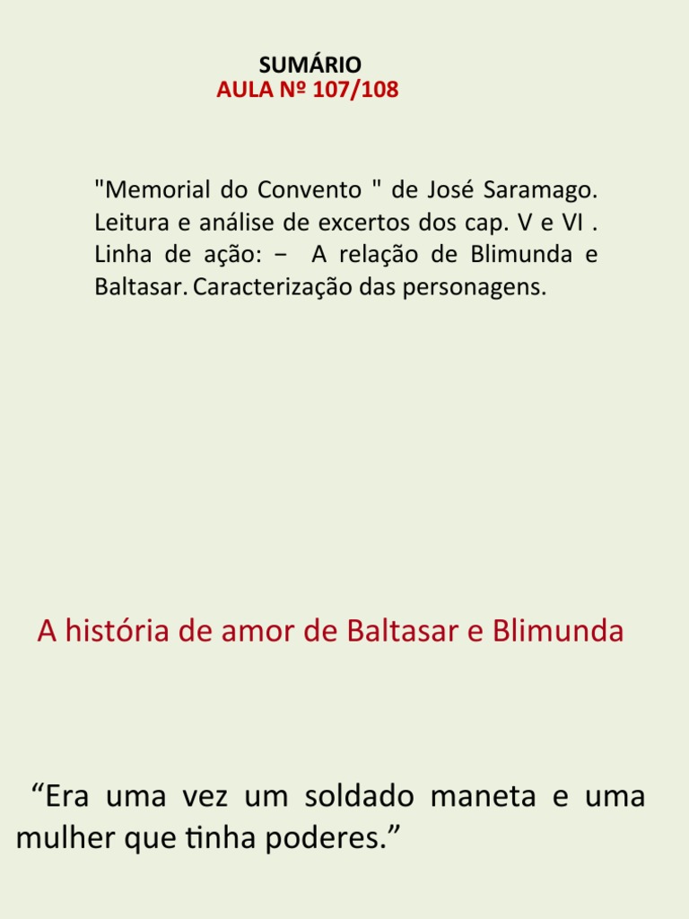 Aula 2 - Memorial Do Convento - Baltasar - Blimunda | PDF
