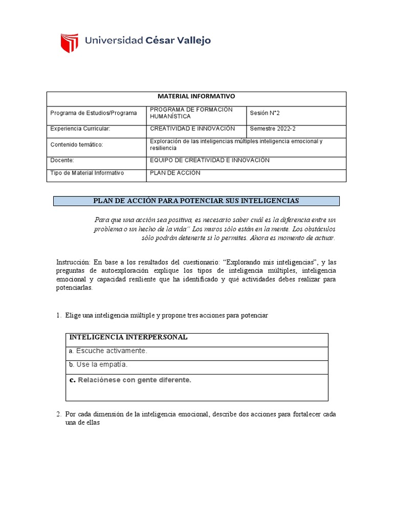 Plan de Accion 2 | PDF | Las emociones | Inteligencia emocional
