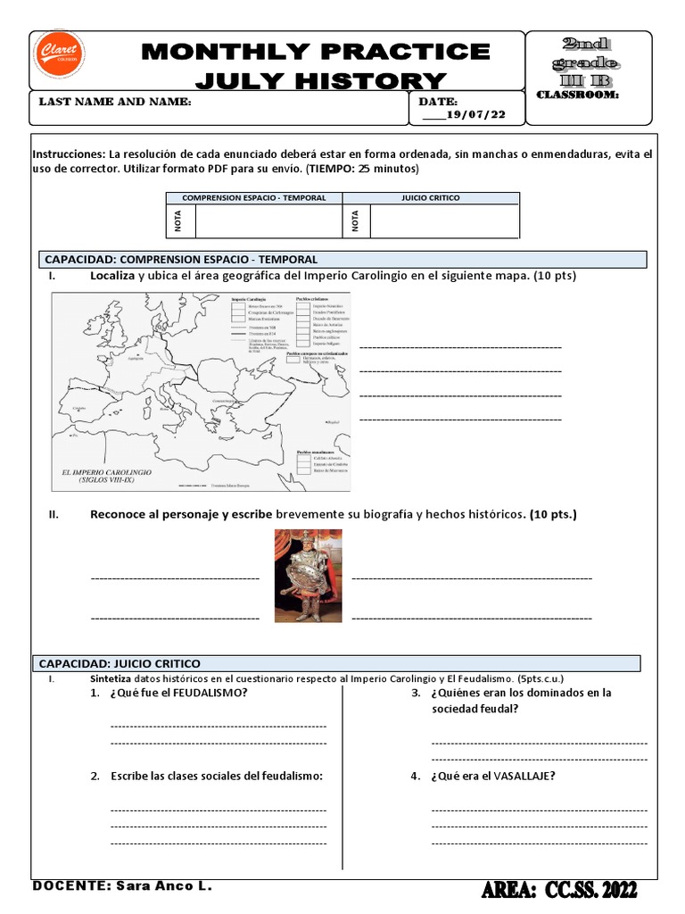 Practica Mensual de Historia 2do B 2022 Julio | PDF