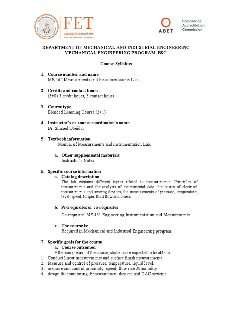 ME 462 Measurements Lab Syllabus | PDF | Engineering | Instrumentation