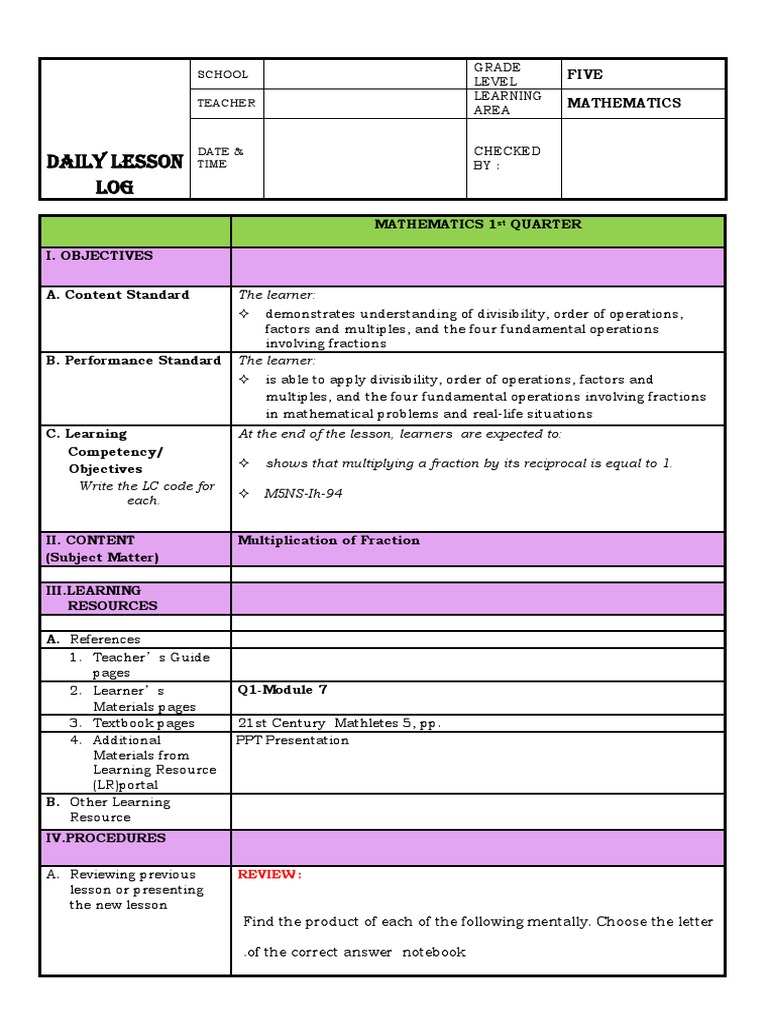MATH 5 DLL - Q1 Shows That Multiplying A Fraction by Its Reciprocal Is Equal To 1 | PDF ...