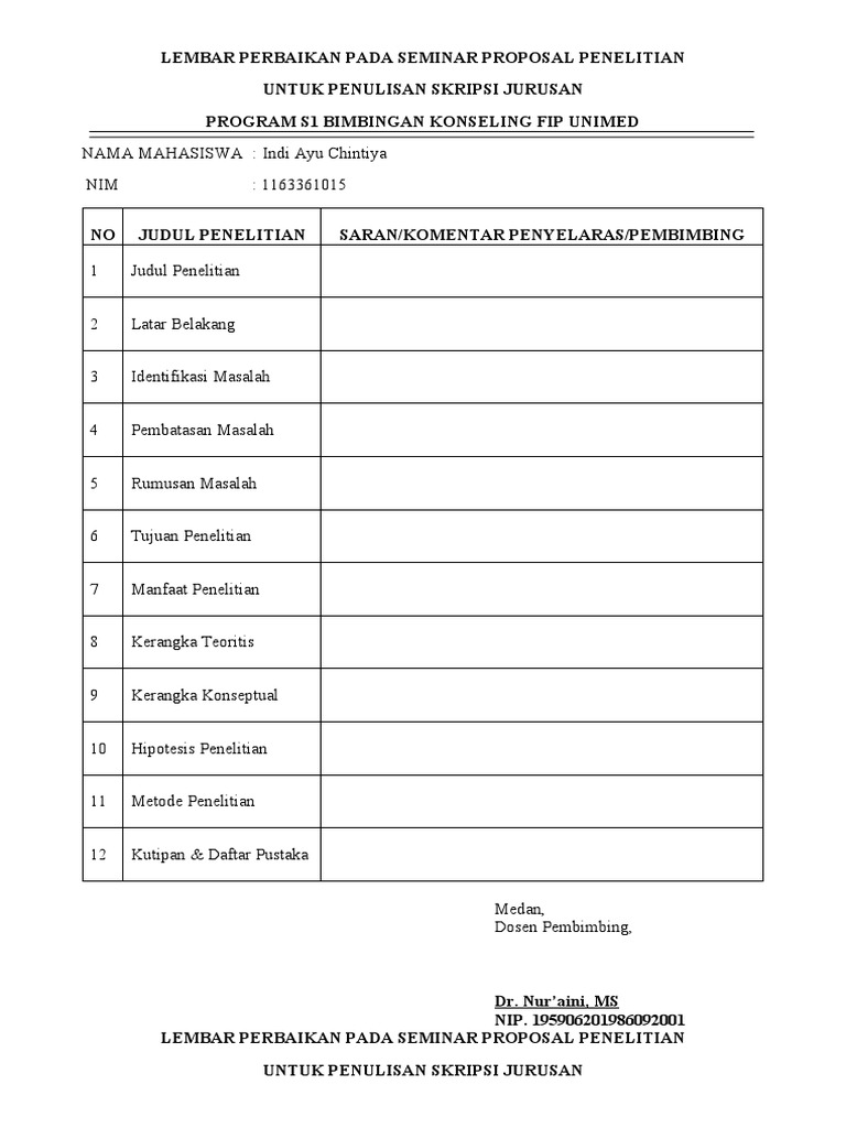 LEMBAR PERBAIKAN PADA SEMINAR PROPOSAL PENELITIAN Kamis Januari 16 | PDF