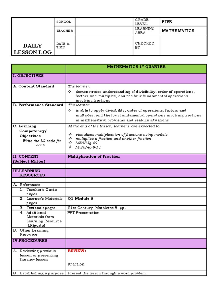 MATH 5 DLL - Q1 - Visualizes Multiplication of Fractions Using Models | PDF | Learning ...