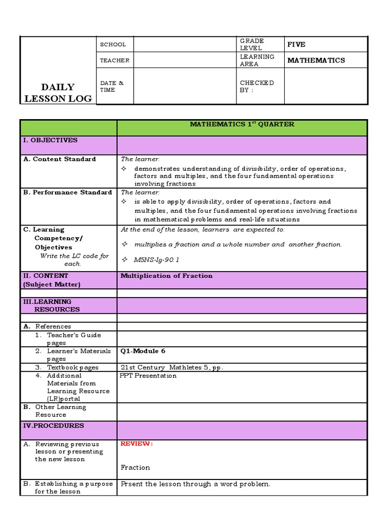 MATH 5 DLL - Q1 - Multiplies A Fraction and A Whole Number and Another Fraction | Download Free ...
