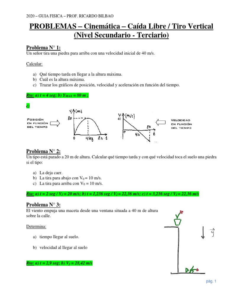 PROBLEMAS DE CINEMATICA (CAIDA LIBRE - TIRO VERTICAL) (Nivel Secundario - Terciario) | PDF ...