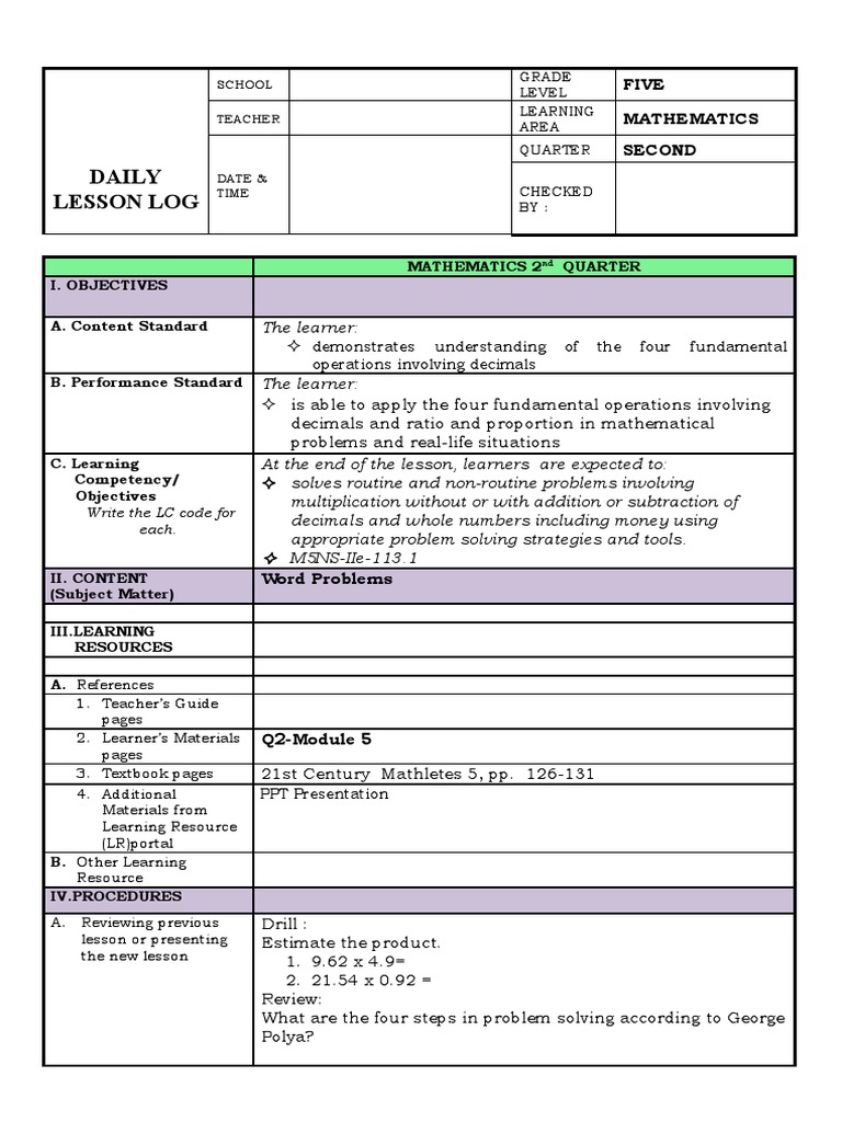MATH 5 DLL - Q2 Solves Routine and Non-Routine Problems Involving Multiplication Without or With ...