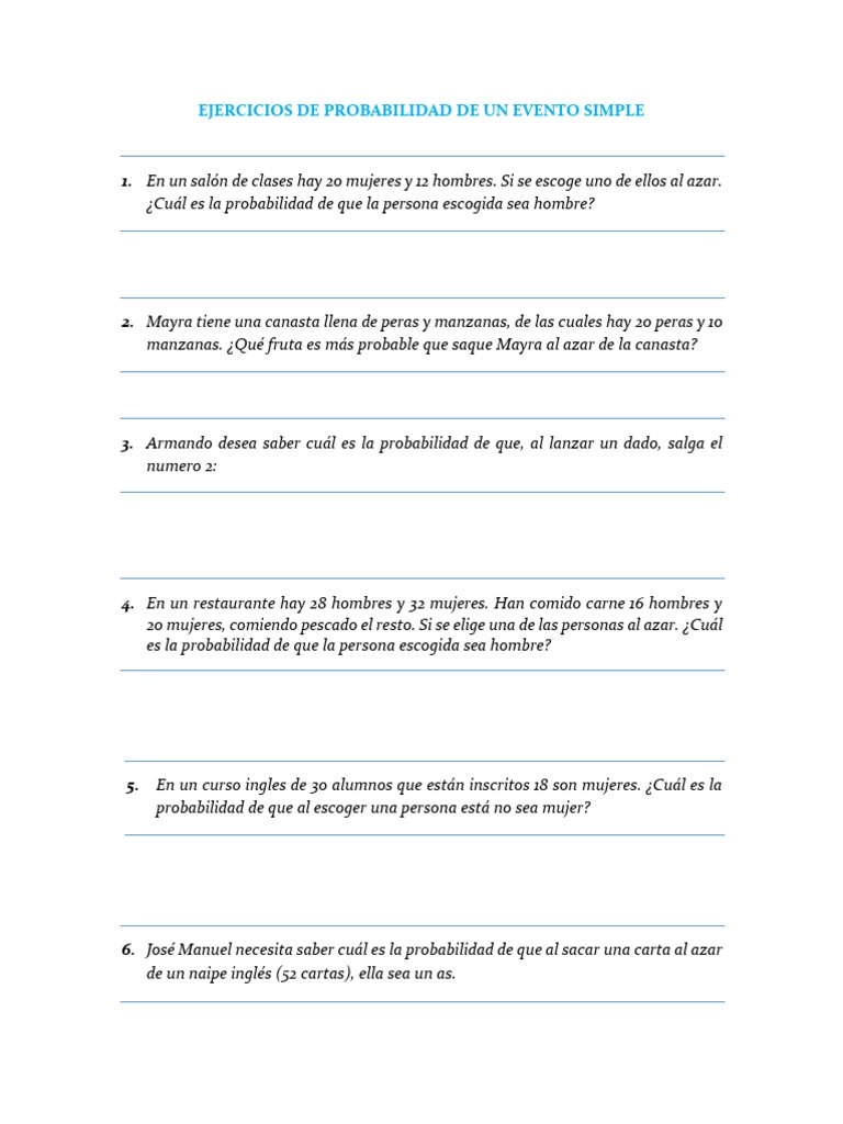 Ejercicios de Probabilidad de Un Evento Simple PDF | PDF Ejercicios de Probabilidad de Un Evento Simple PDF | PDF