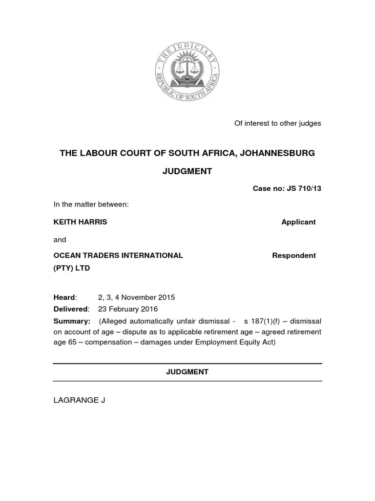 Unfair Dismissal Case: Retirement Age Dispute | PDF | Damages | Employment