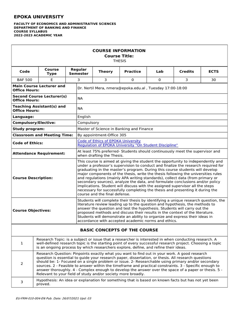 BAF 500 Thesis Syllabus PDF | PDF | Thesis | Methodology