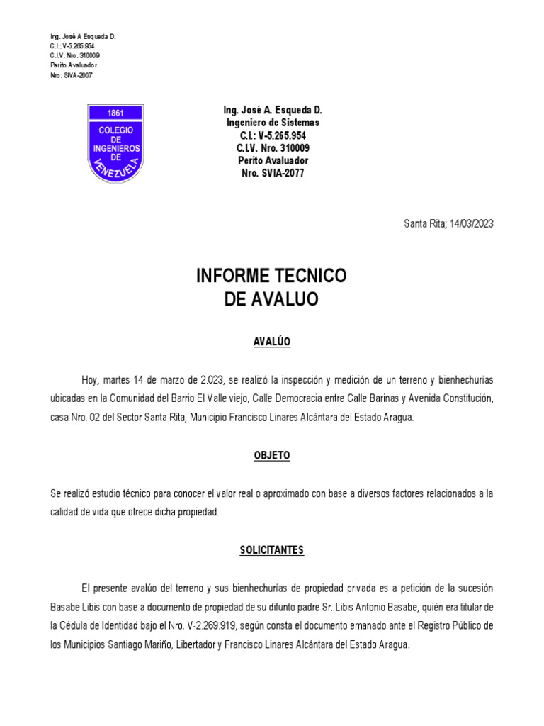 Informe de Avaluo de Libis Basabe PDF | PDF