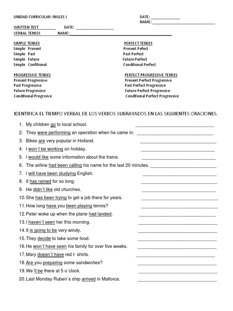Verbal Tenses Test PDF Perfect Grammar Language Mechanics