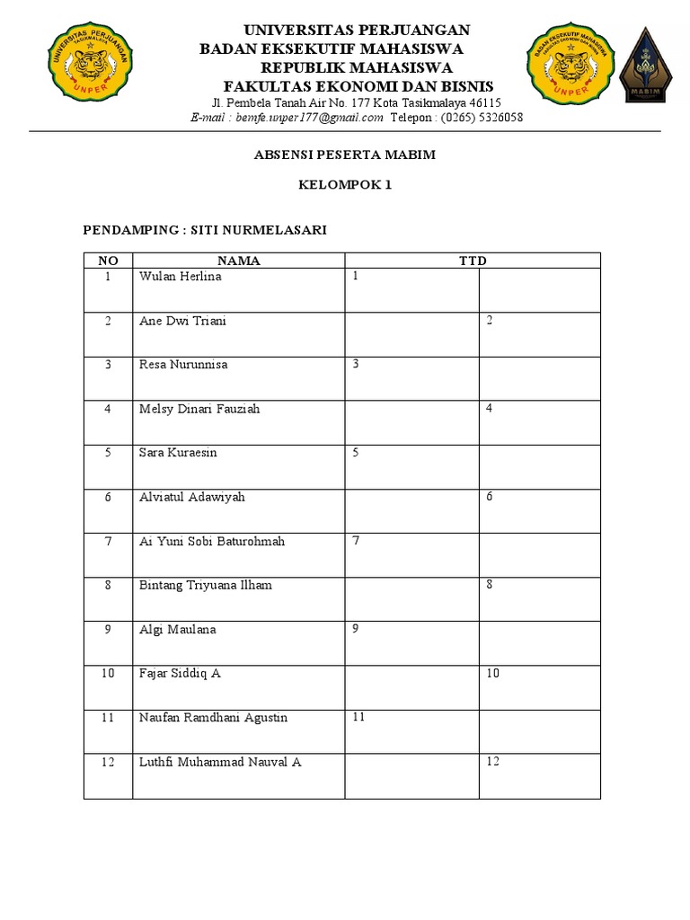 Absensi Peserta Mabim Universitas Perjuangan | PDF