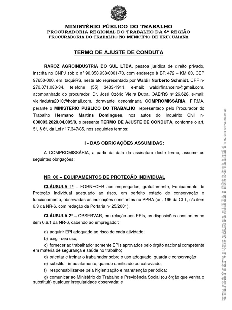 Termo de Ajuste de Conduta entre a Raroz Agroindústria do Sul Ltda e o ...