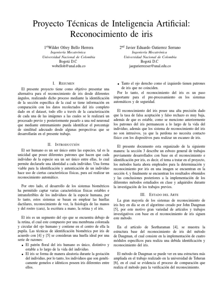 Proyecto TIA PDF | PDF | Biometría | Visión