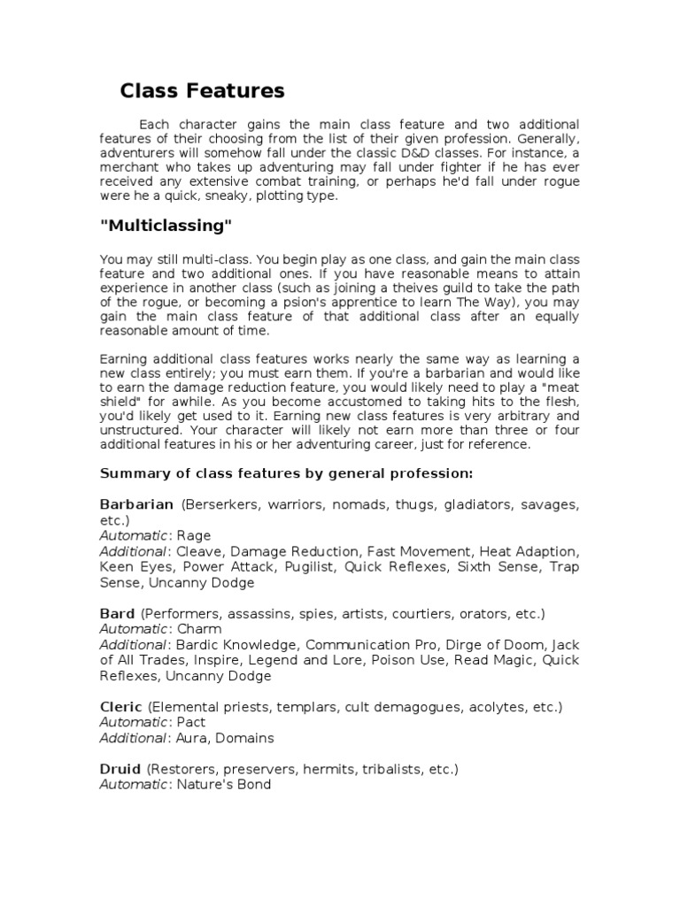 D&D Class Features Overview | PDF | Dungeons & Dragons | Religion And ...