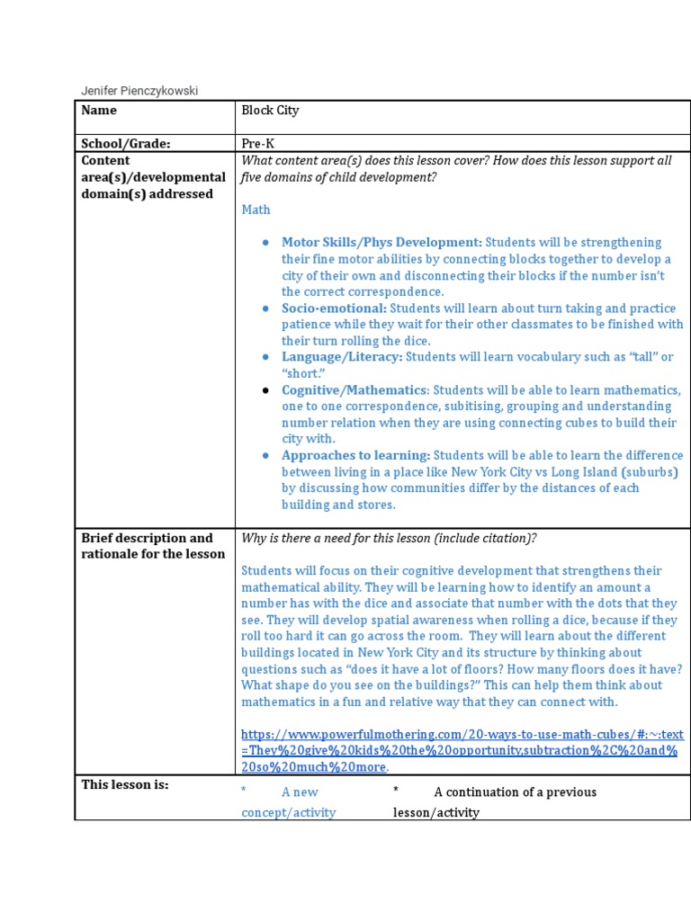 Jenifer Pienczykowski - Math Science Lesson 1 | PDF | Learning | Teachers