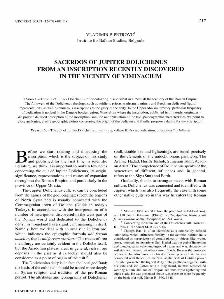 Sacerdos of Jup Dolichenus From An Inscr Rec Discovered in The Vic of Viminacium | PDF