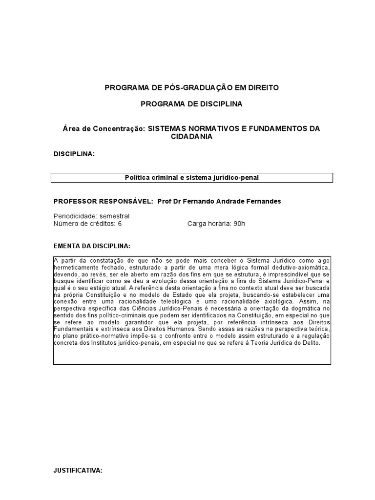 Programa de Disciplina - Politica Criminal e Sistema Juridico Penall | PDF