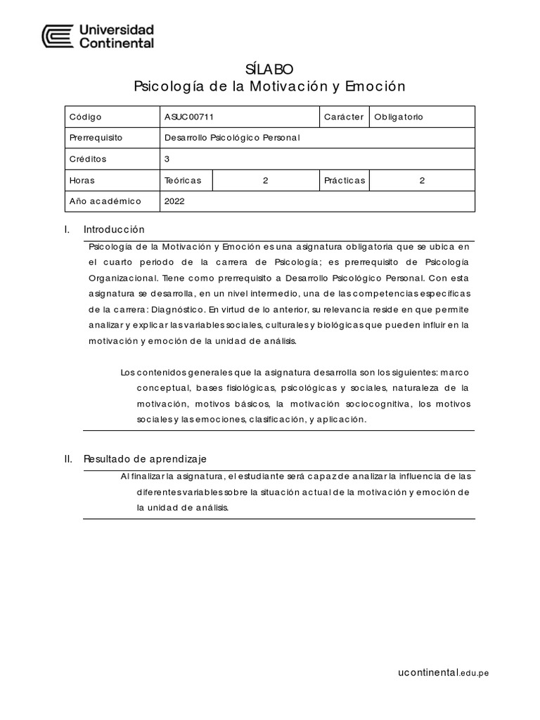 Plan De Estudios De Psicología De La Motivación Y Emoción Pdf Las