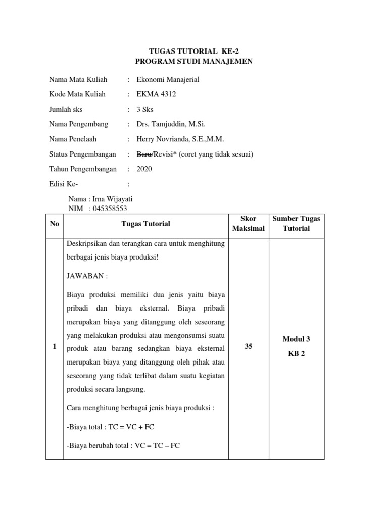 TUGAS TUTORIAL 2 EKMA4312 Ekonomi Manajerial PDF | PDF