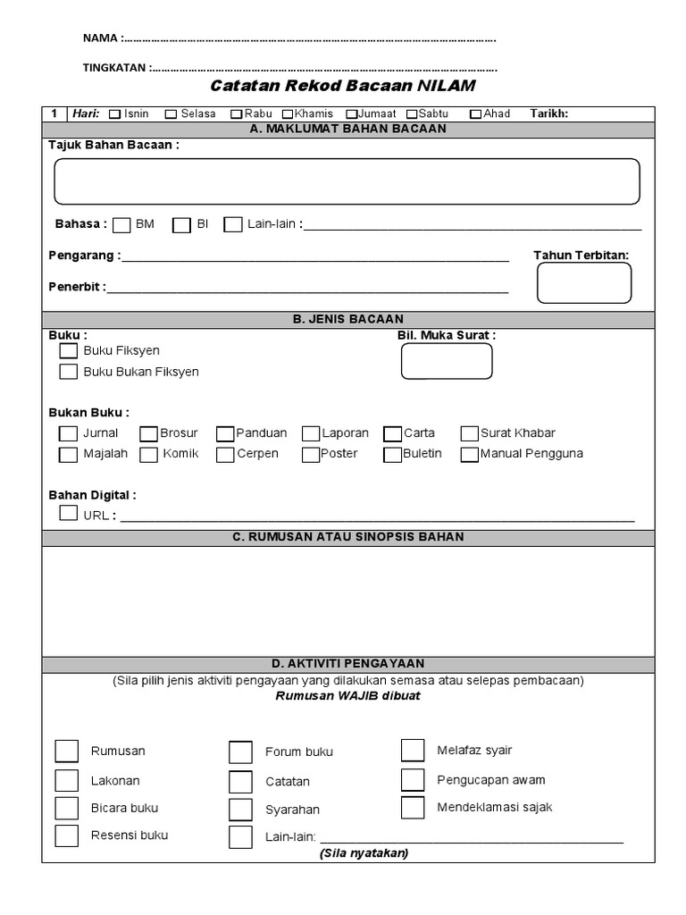 Catatan Rekod Bacaan NILAM | PDF