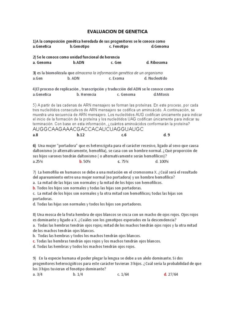Evaluación de Genética y Herencia | PDF | Gene | Dominancia (Genética)