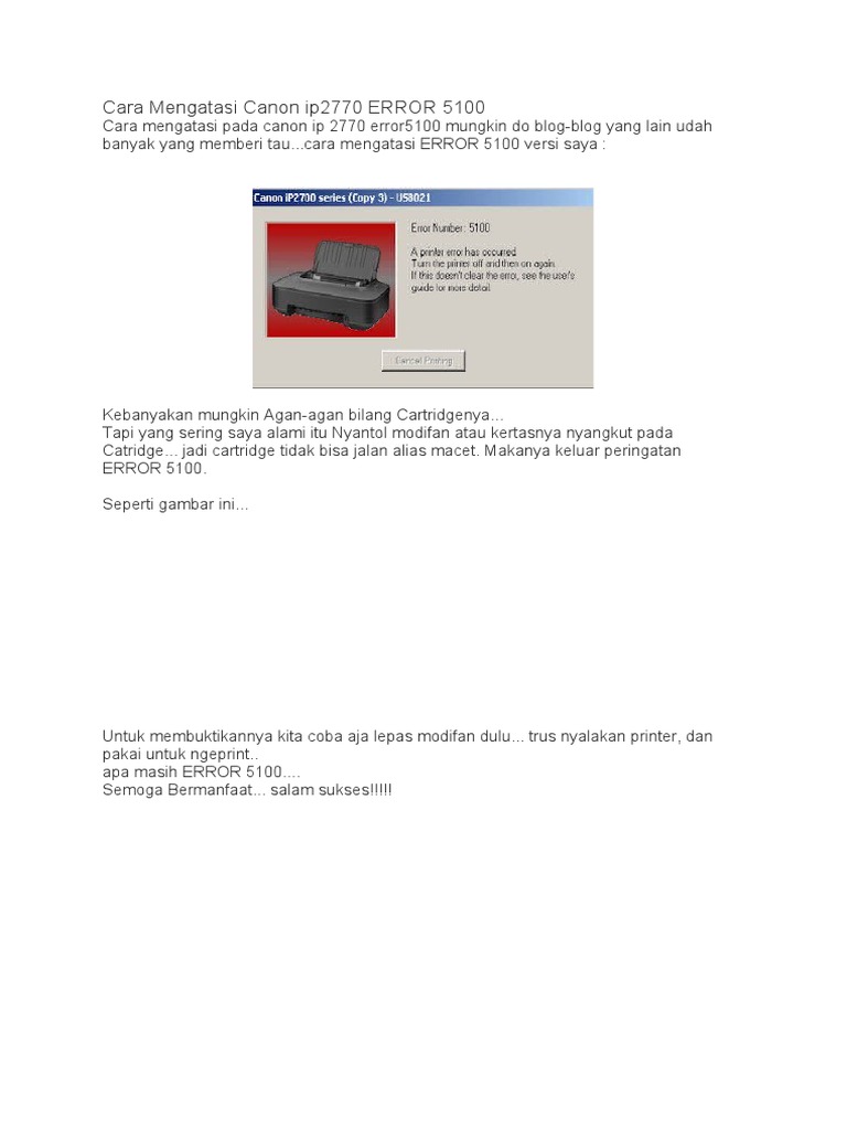 Cara Mengatasi Canon Ip2770 ERROR 5100 | PDF