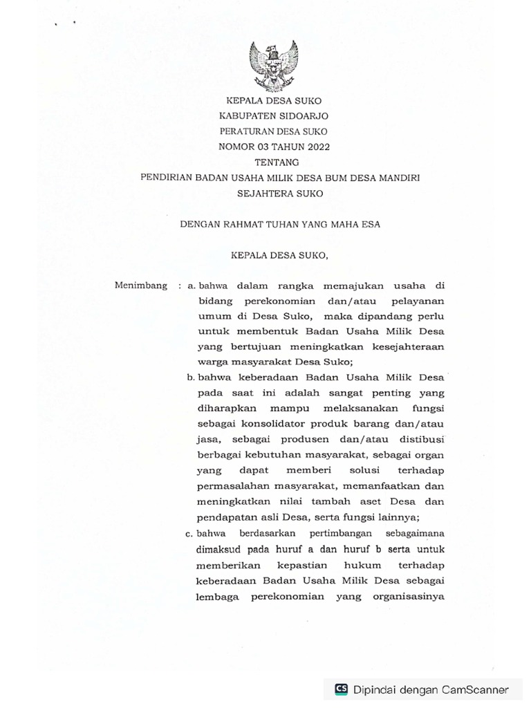 Perdes Pendirian Bumdes PDF | PDF