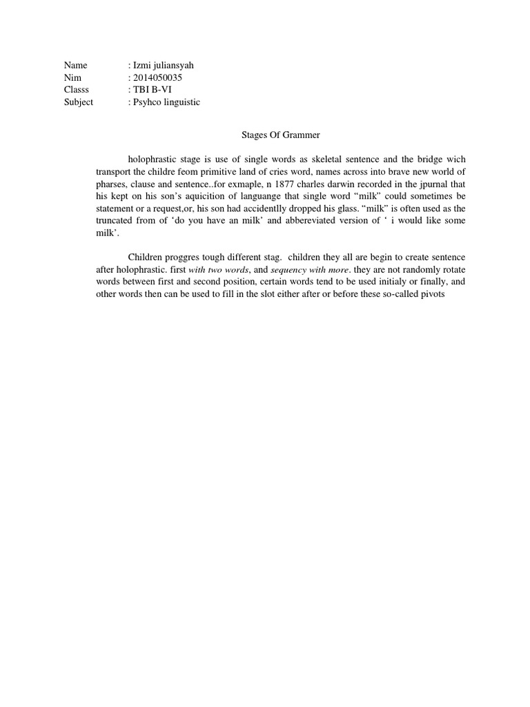Holophrastic Stage in Grammar Development | PDF