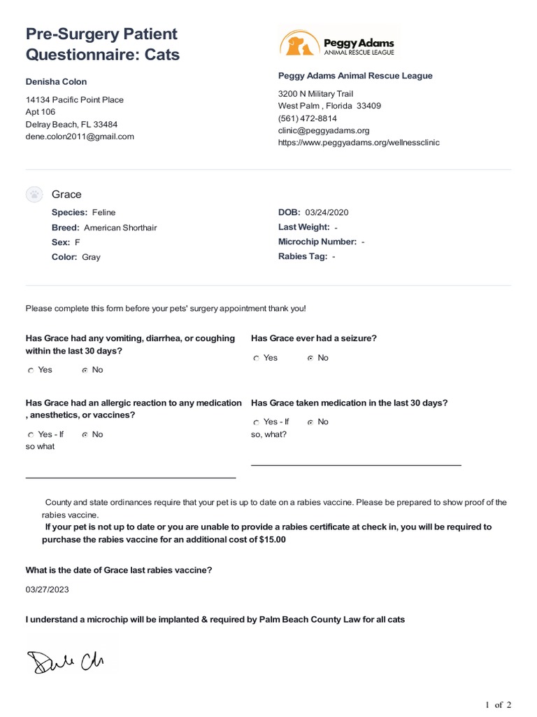 Pre-Surgery Patient Questionnaire - Cats PDF | PDF | Surgery | Vaccines