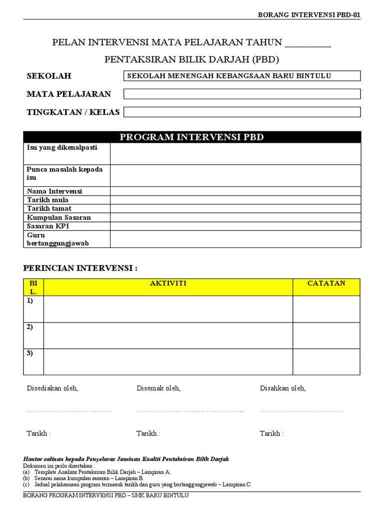Borang Intervensi PBD-01 SMKBB | PDF