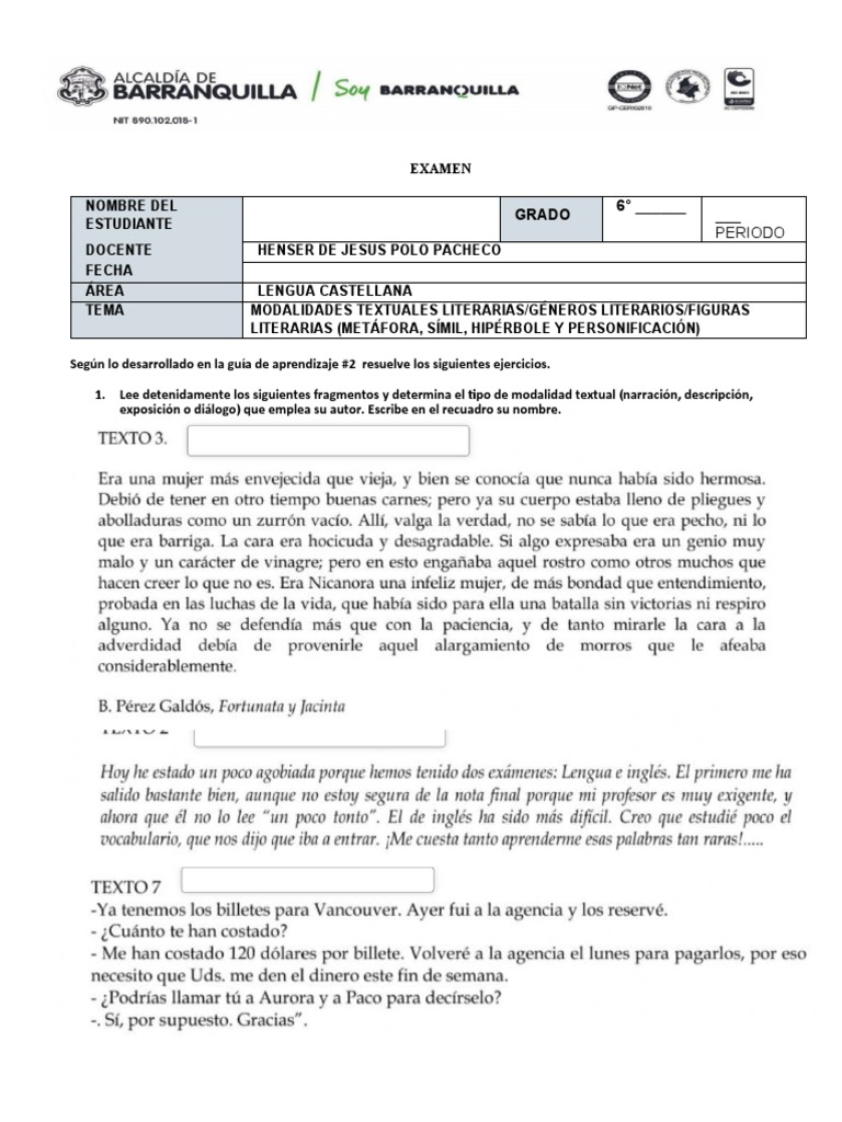 Examen de modalidades TEXTUALES, figuras literarias y géneros ...
