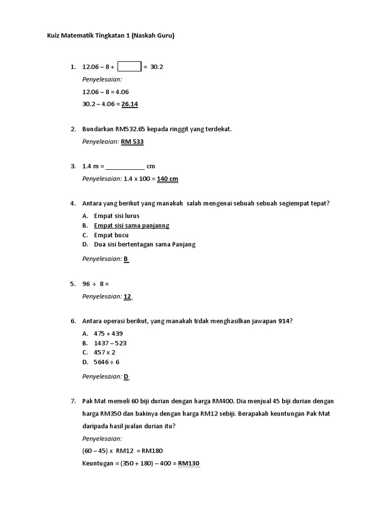 Kuiz Matematik | PDF