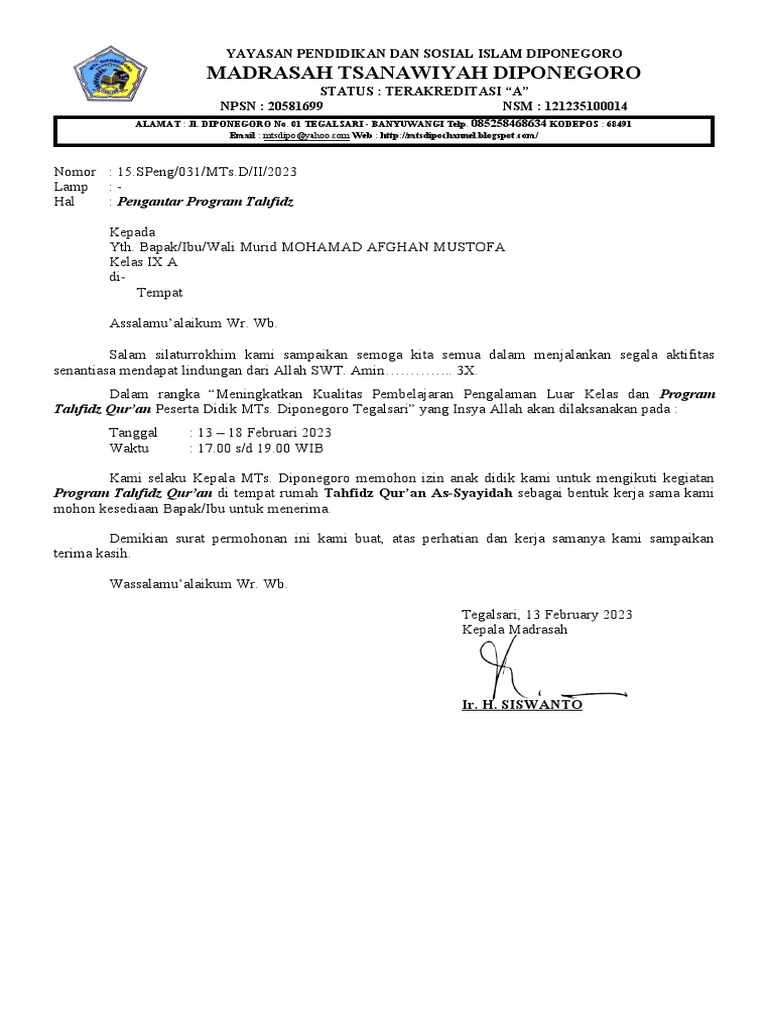 Surat Pengantar Program Tahfidz 1 | PDF