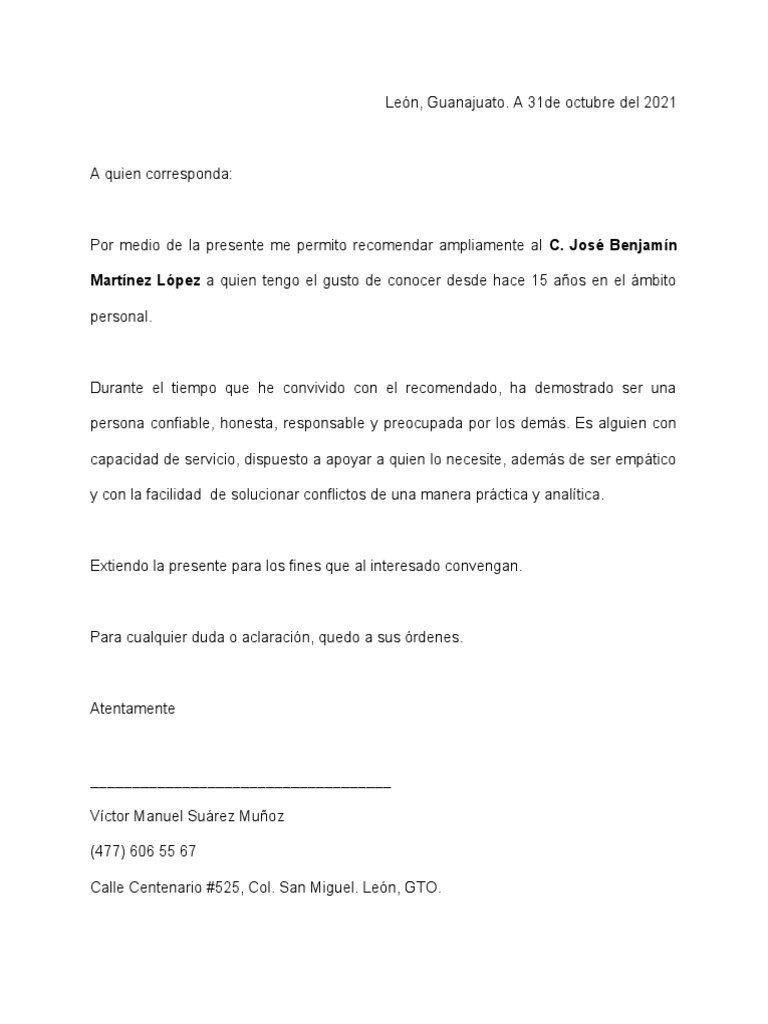 Recomendación para José Benjamín Martínez | PDF | Relaciones personales ...