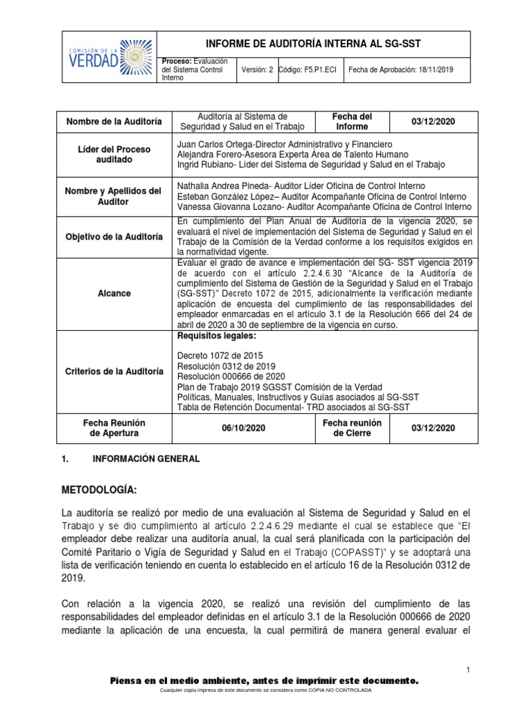 Informe Final SGSST de Auditoria Interna F 03122020 PDF | PDF Informe Final SGSST de Auditoria Interna F 03122020 PDF | PDF