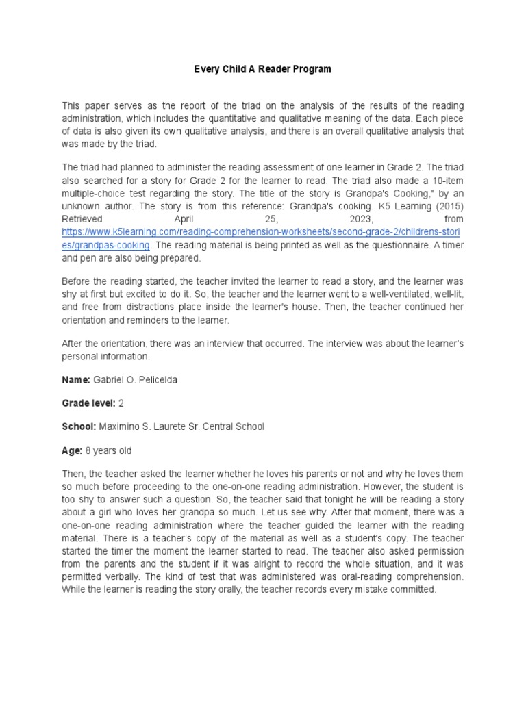 Gabriel's Reading Comprehension Report | PDF | Reading Comprehension ...