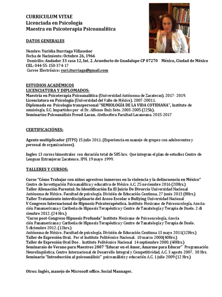 CV Yuri Iturriaga Villaseñor 2019 | PDF | Psicoterapia | Medicina CLINICA