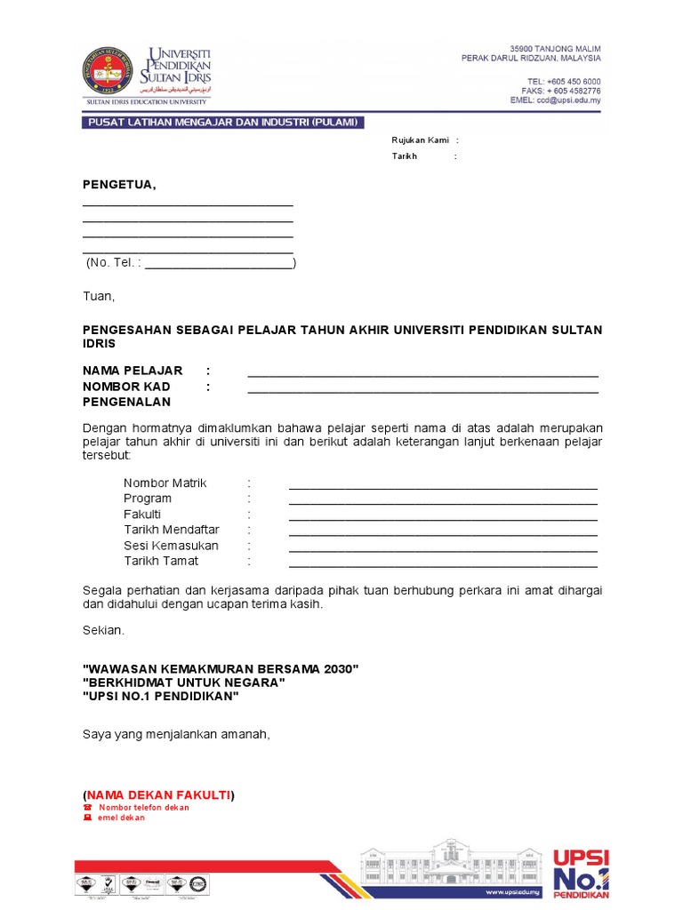 Surat Pengesahan Pelajar Tahun Akhir Upsi | PDF