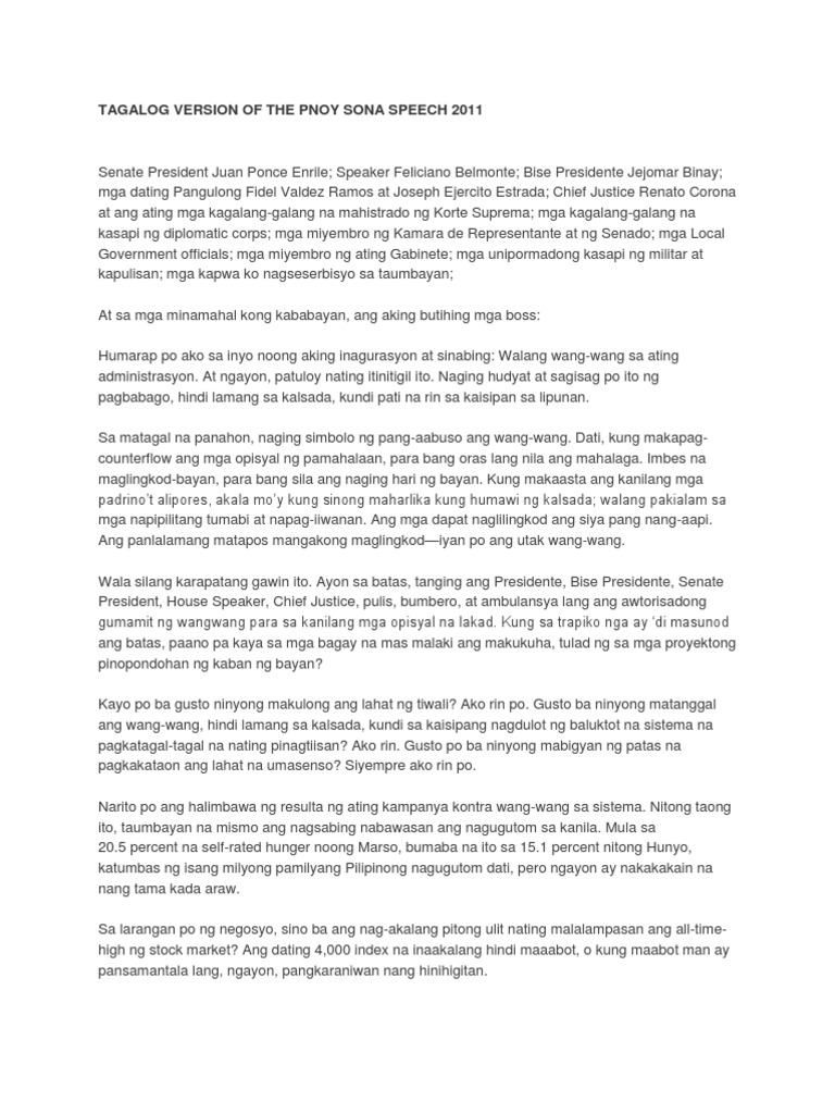 Tagalog Version of The Pnoy Sona Speech 2011 | PDF