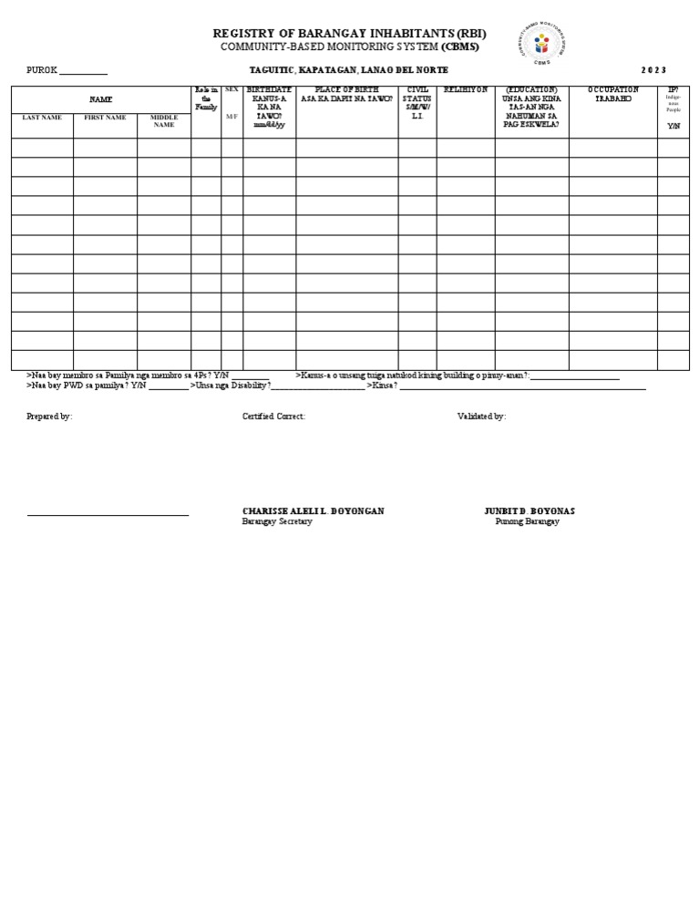 Registry of Barangay Inhabitants CBMS | PDF