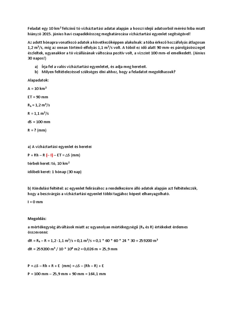 Vízháztartási Egyenlet - Mintapéldák | PDF