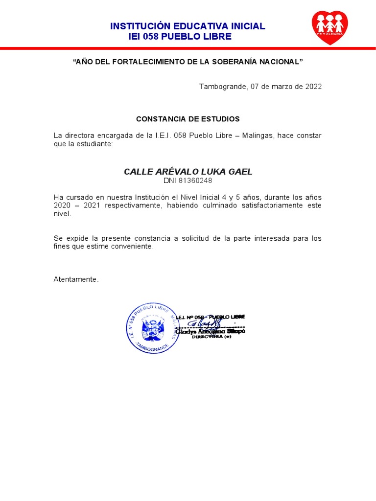 Constancia de Estudios Nivel Inicial | PDF | Crecimiento personal y ...