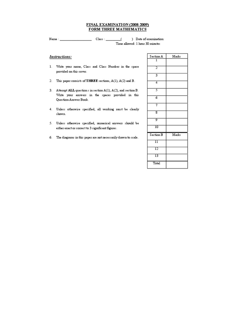 HK - F3 Math 08-09 Final Exam Paper I - QN & Ans | PDF | Area | Triangle