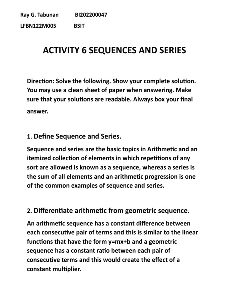 Activity 6 Sequences and Series PDF | PDF